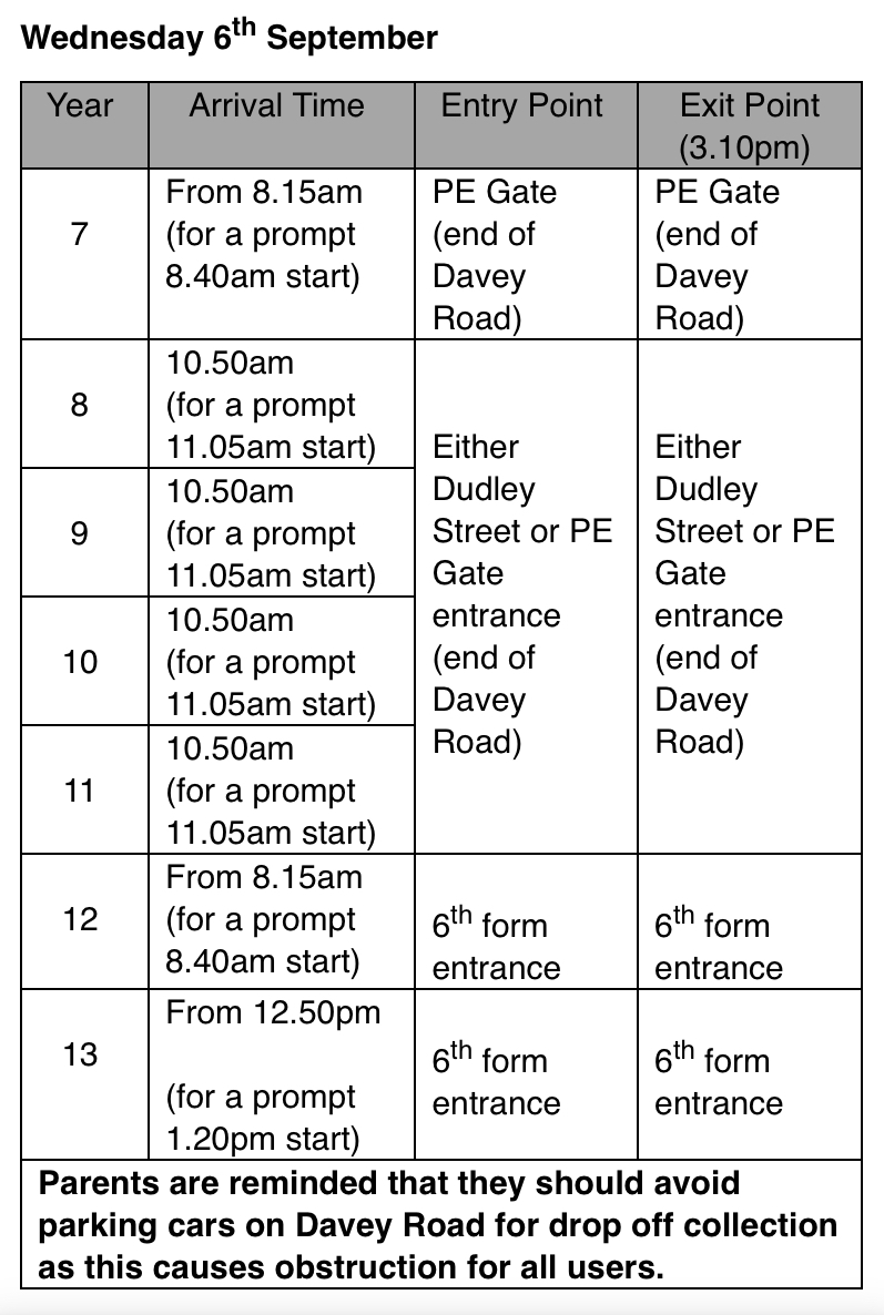 George Salter Academy - Student Return- Wednesday 6th September