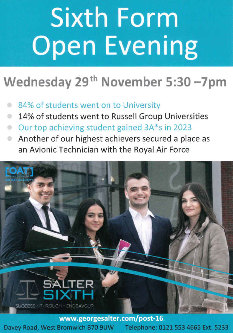 George Salter Academy - Sixth Form Open Evening- 29th November