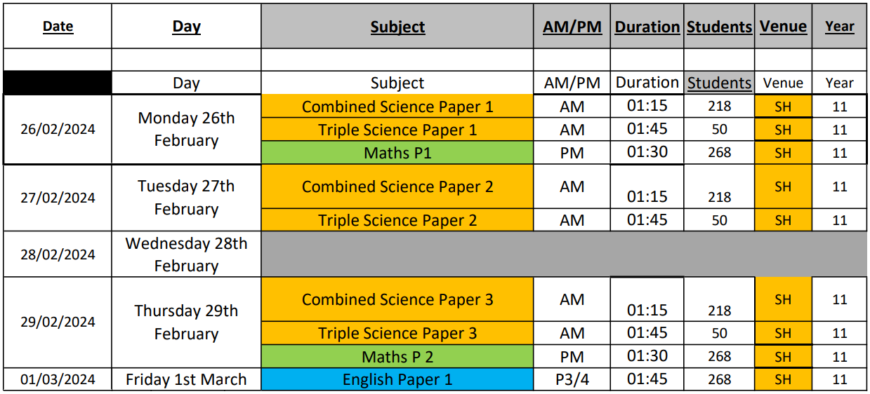 George Salter Academy - Y11 Mock Timetable for February/March 2024