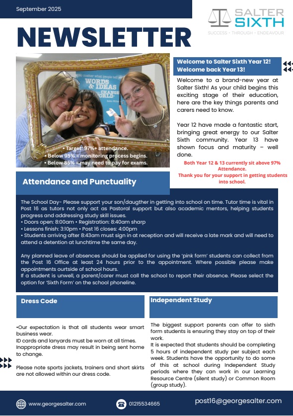 George Salter Academy - New Parental Newsletter for Salter Sixth