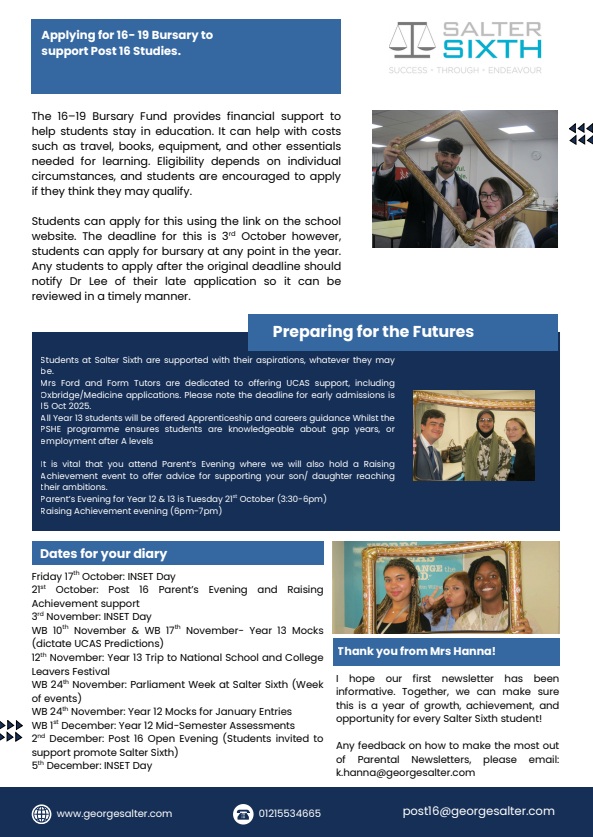 George Salter Academy - New Parental Newsletter for Salter Sixth